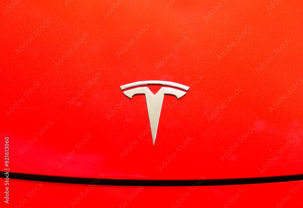 Bangkok ,Thailand ,May -15, 2024 : Close up of Tesla logo on tesla ...
