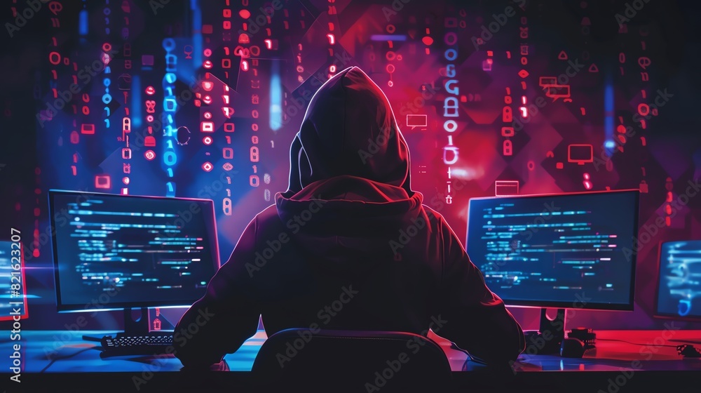 Hacker coding on dark web shown in silhouette with two monitors ...
