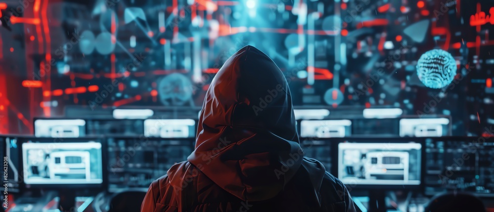 Hacker in a dark room surrounded by digital screens, representing cybersecurity and hacking ...