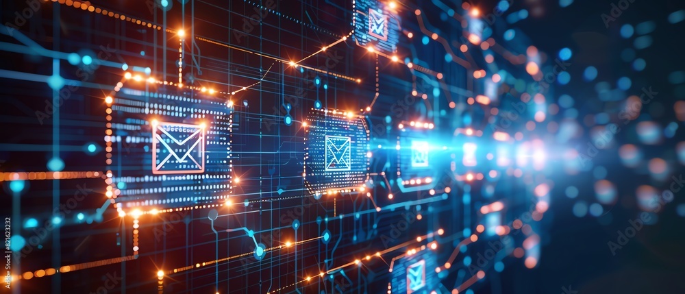 Futuristic digital communication network with glowing email symbols ...