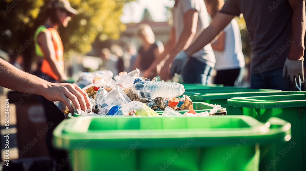 People using Bins of recycling for paper, plastic, and glass, natural ...
