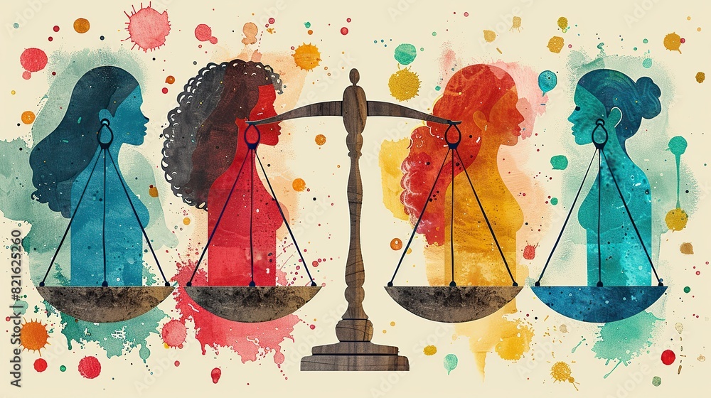 An illustration of a pair of scales with diverse people's faces on each ...