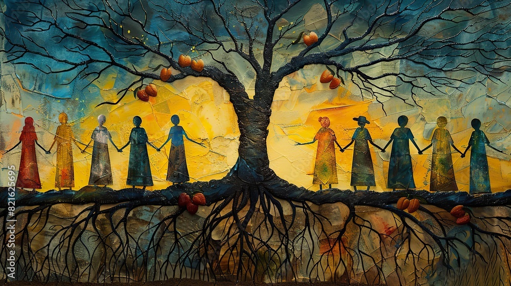 A painting of a tree with roots shaped like people holding hands and ...