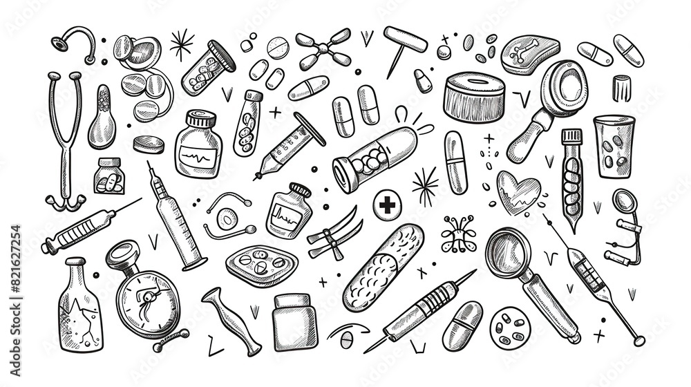 Drawing of medical supplies and equipment in hand drawn style. The ...