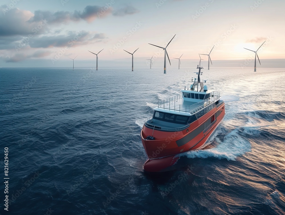 A boat navigating through an offshore wind farm at sunrise, with the ...