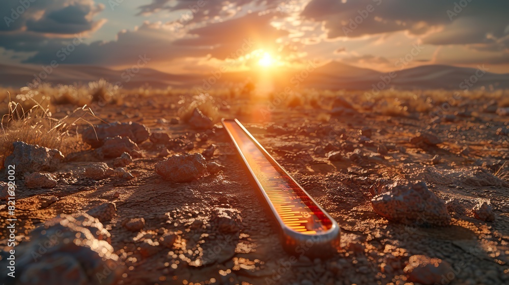 A thermometer showing extreme temperatures in a barren landscape ...