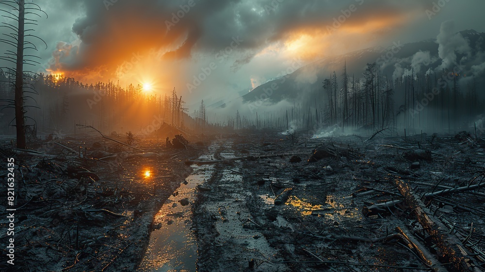 A barren, desolate land with the ghostly remnants of a once-thriving ...