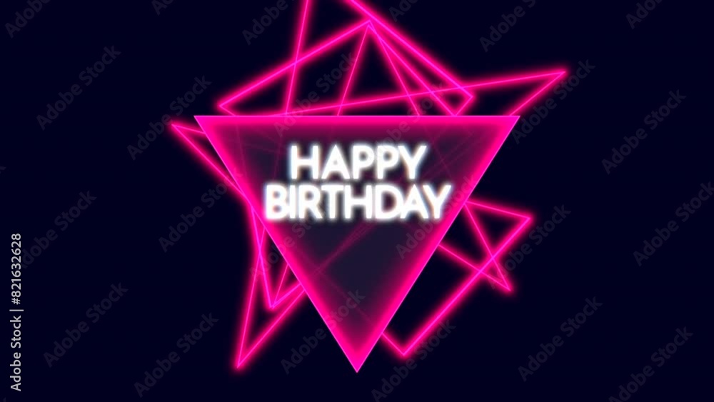 A vibrant neon birthday card with pink lights forming a triangle ...