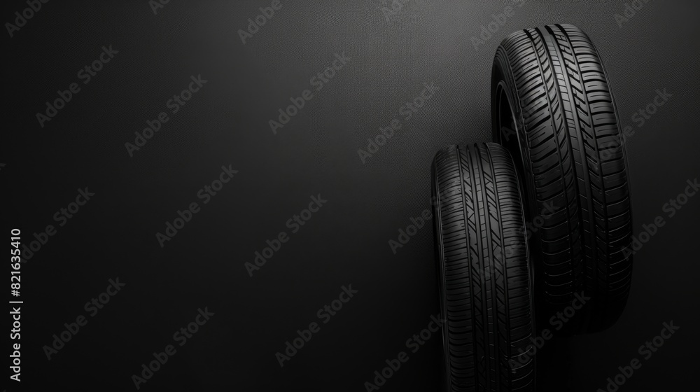 Two Car tires on black background with copy space. Seasonal replacement ...