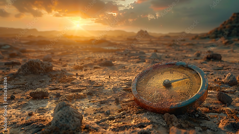 A thermometer placed in a barren landscape showing extreme temperatures ...