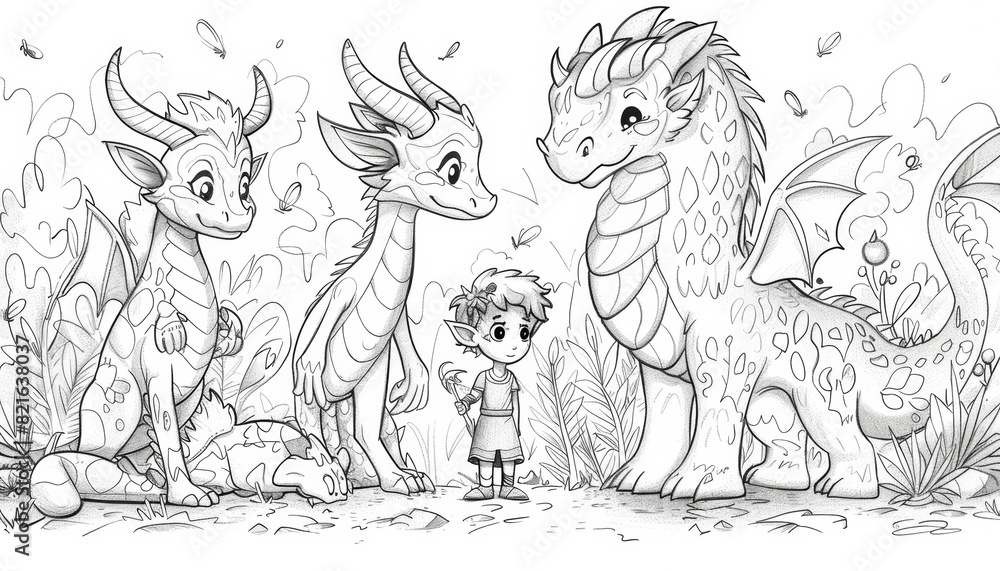 A simple line drawing of a coloring book depicting Fantasy creatures ...