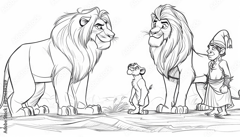 Simple line drawing for coloring, showing Cartoons: Aladdin, The Lion ...