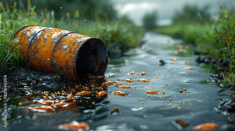 An oil barrel leaking into a river with dead fish floating conceptual ...