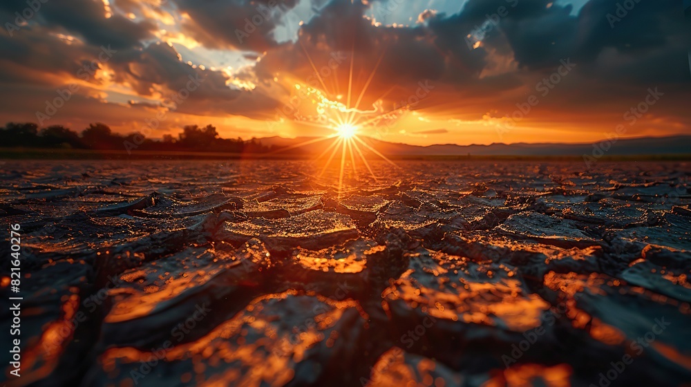 A sun emitting scorching rays onto a withered, cracked ground ...