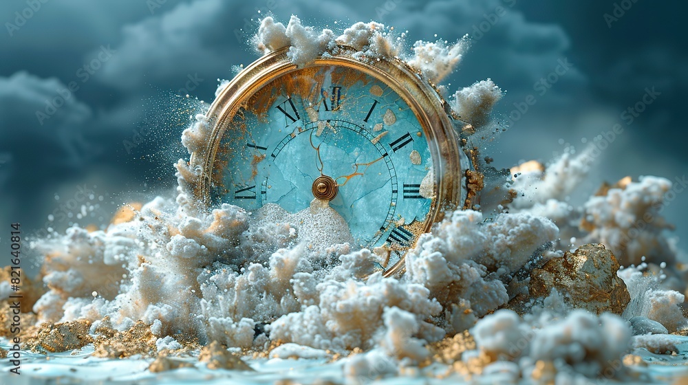 A broken hourglass with sand spilling over a clock representing ...