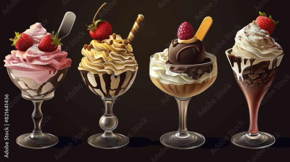 Four different types of ice cream sundaes in four different glasses ...
