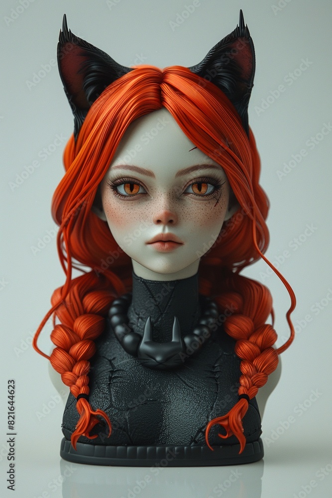 Female vampire with red hair and cat ears flat design front view cute ...