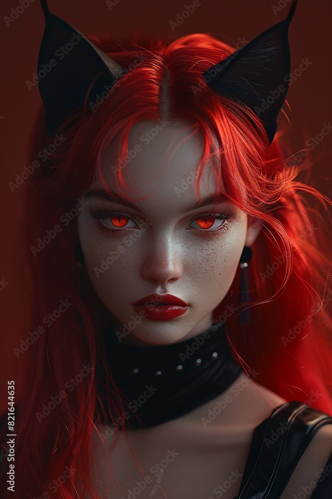Female vampire with red hair and cat ears flat design front view cute ...
