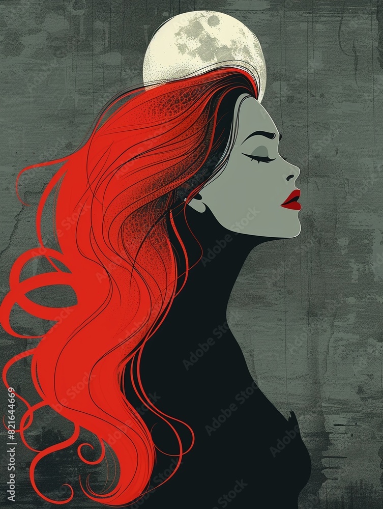 Mysterious female vampire with flowing red hair flat design side view ...
