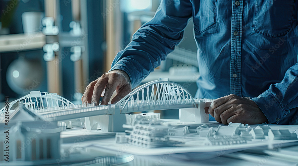 Civil engineer analyzing a complex bridge model before construction ...
