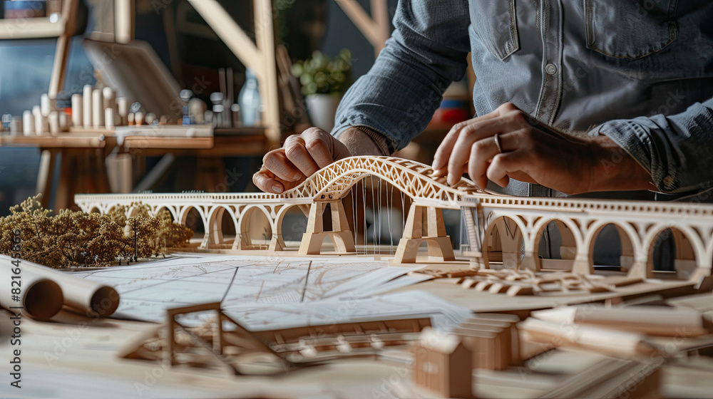 Civil engineer analyzing a complex bridge model before construction ...