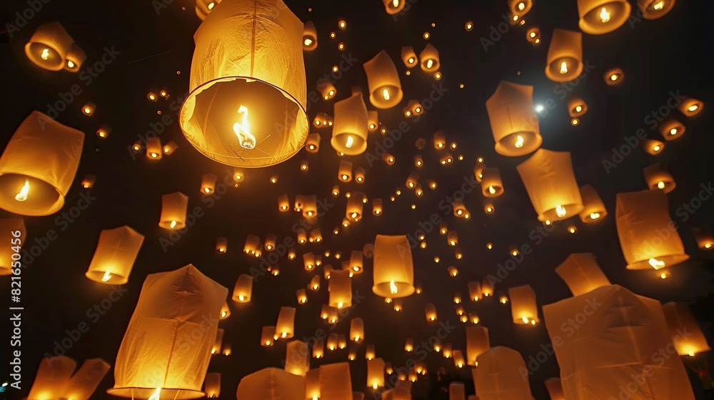 Festive lantern release in Chiang Mai, glowing lights, clear night sky ...
