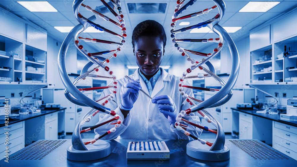 Black professional woman at DNA test laboratory gene research center ...