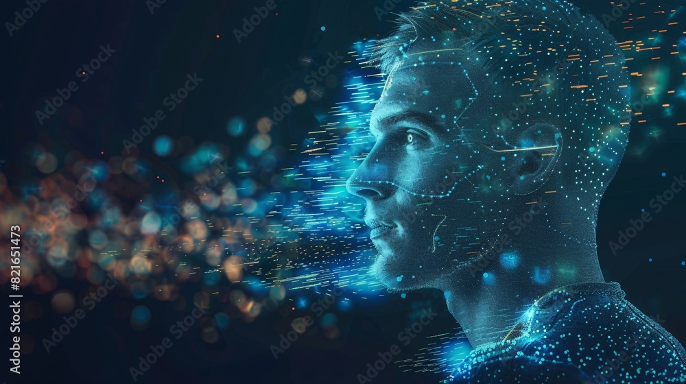 The side profile of a digital human head made of circuitry, against a dark background with ...