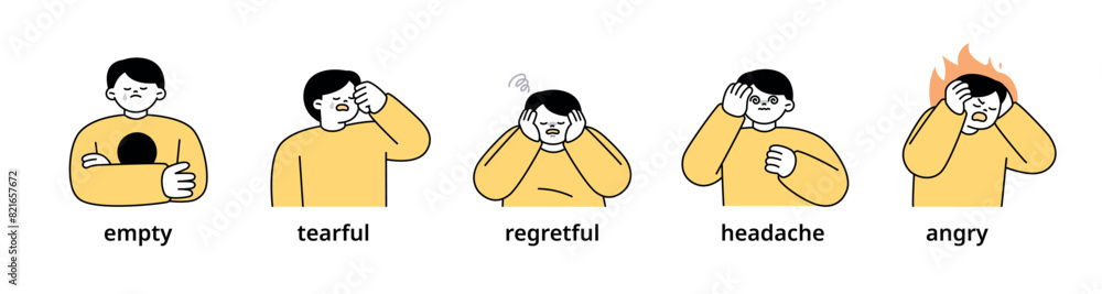 Vetor de Boy upper body character expressing 5 different emotions - Set ...