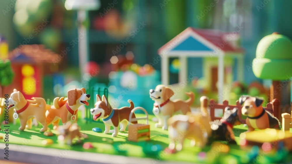 Colorful toy dog figurines in a miniature park setting with a playhouse ...