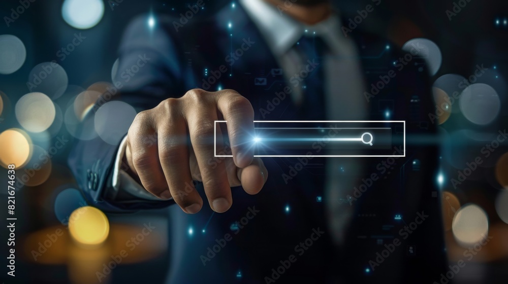 The photo shows a man in a suit touching a glowing search bar icon. The ...