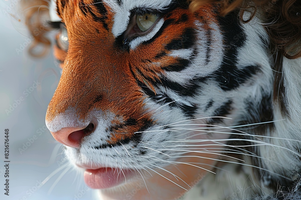 Tiger Face Painting on Girl with Brown Curly Hair in Cuddly Animal ...