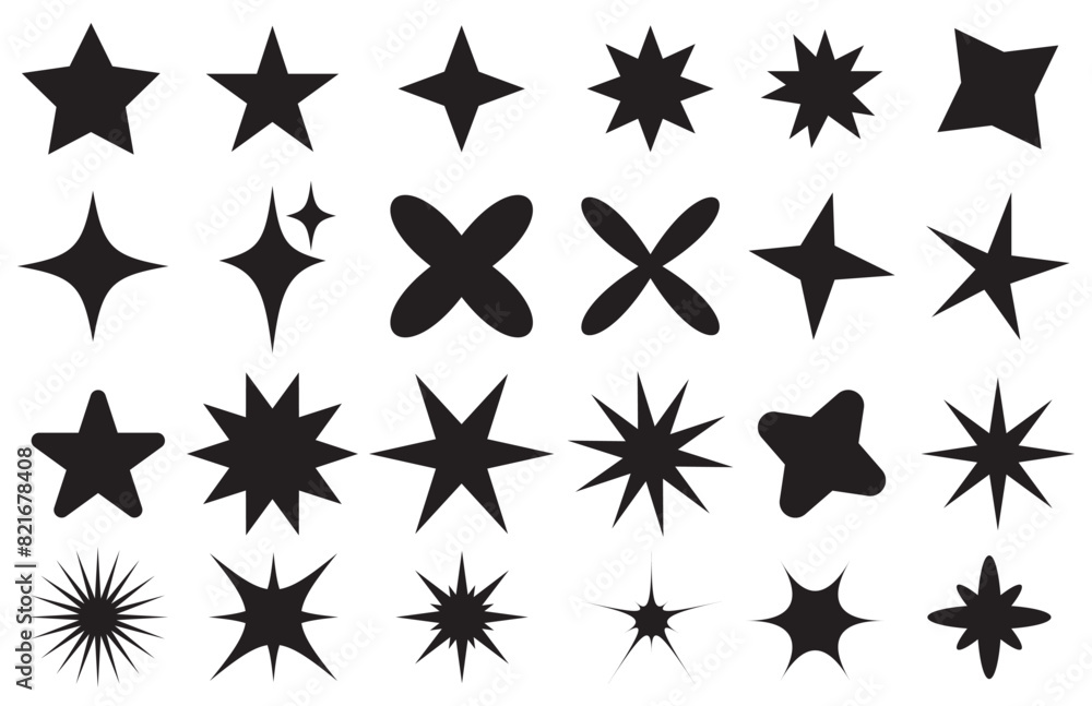 Sparkling stars composition. Glowing black star stencil, isolating various sparkling elements ...