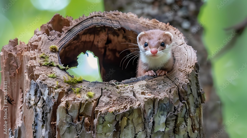 Cute least weasel looking out of a hole in a tree stump Stock Photo ...