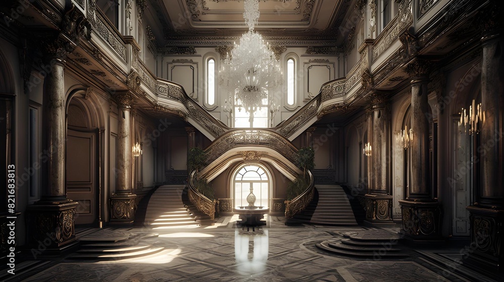 Luxurious Grand Staircase in Opulent Mansion Interior, Elegant Double ...