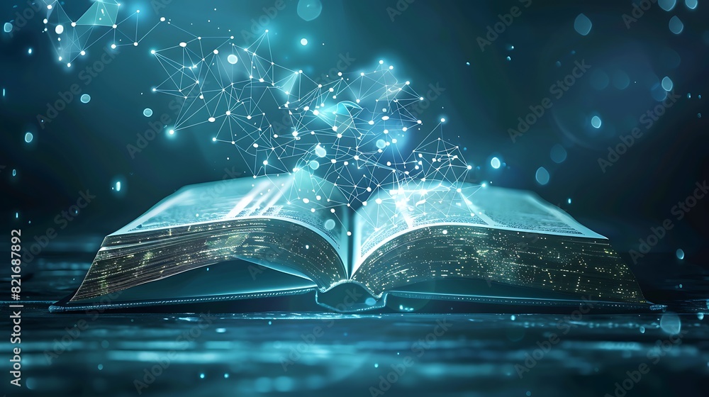 Open book icon with triangle shapes lines and dots forming a plexus ...