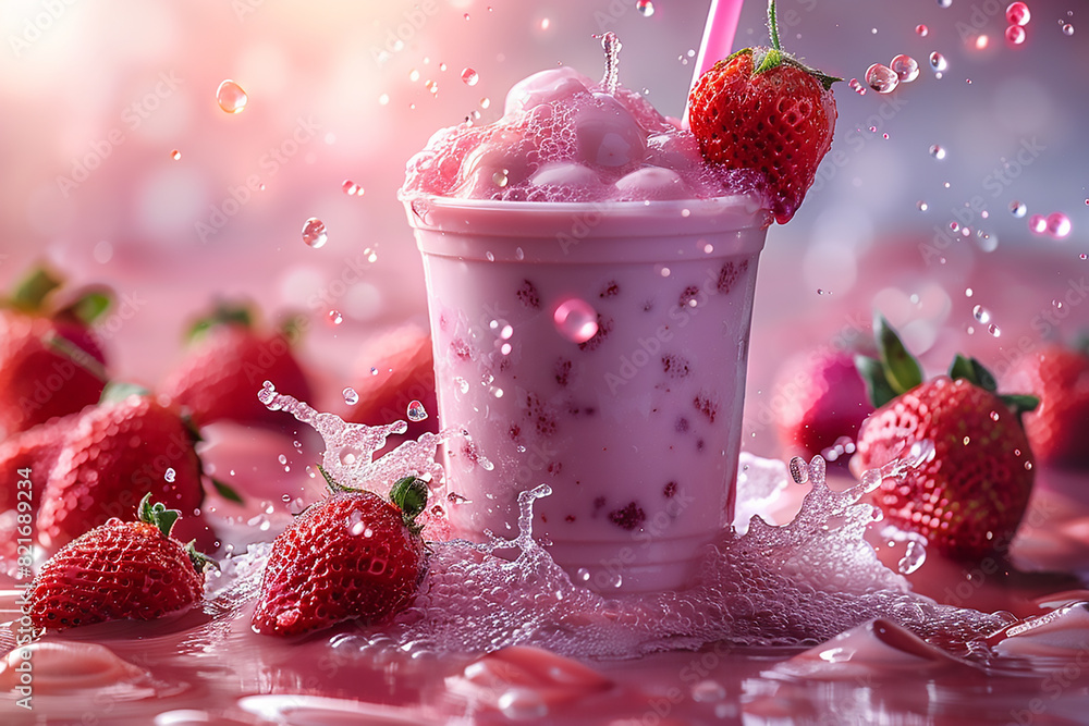 Pouring a glass of healthy strawberry boba or bubble tea with fresh ...