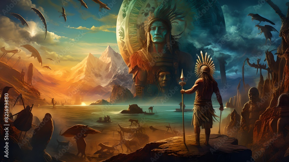 Epic Mythological Journey Scene with Gods and Mythical Creatures Stock ...