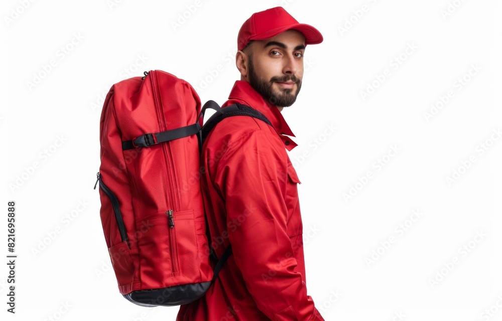 Smiling delivery man dressed in red uniform keeping thumbs up at camera ...