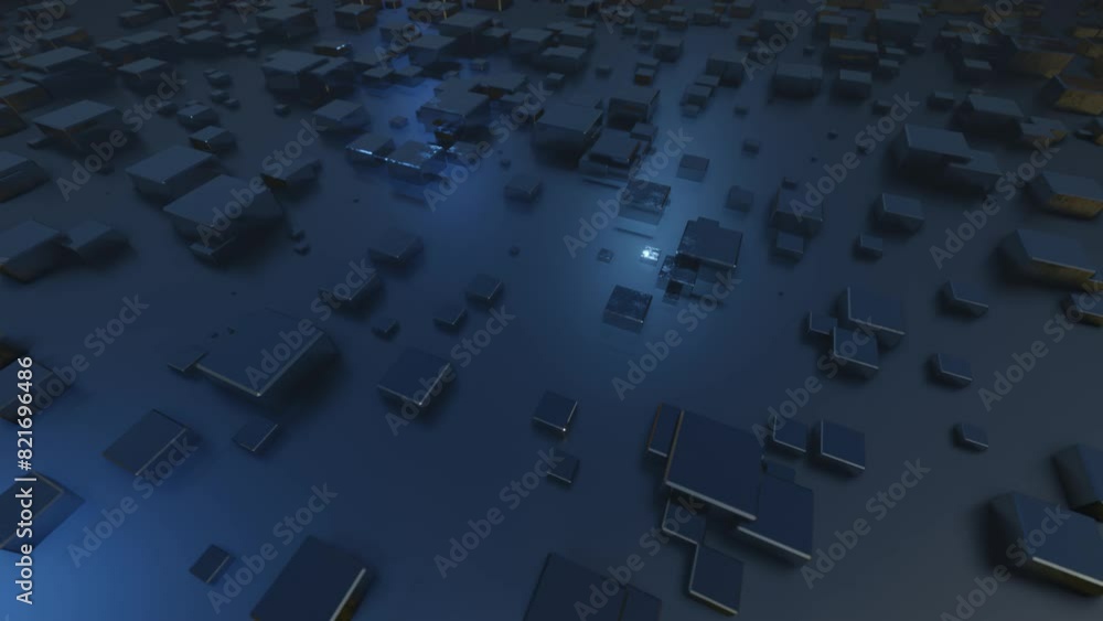 4k looped animation. Flight over hi tech pattern on plane surface, neon ...