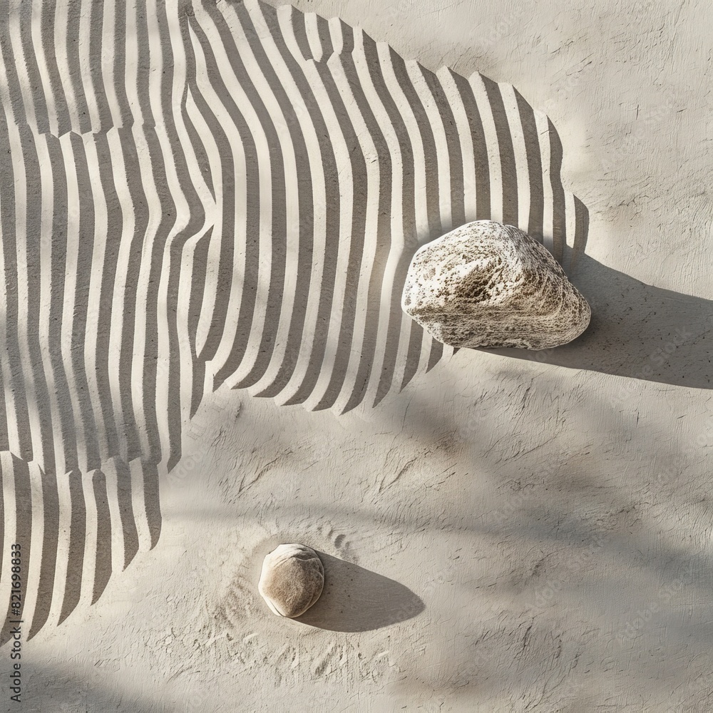 The photo shows a sand drawing with a rock and a pebble on it. The ...