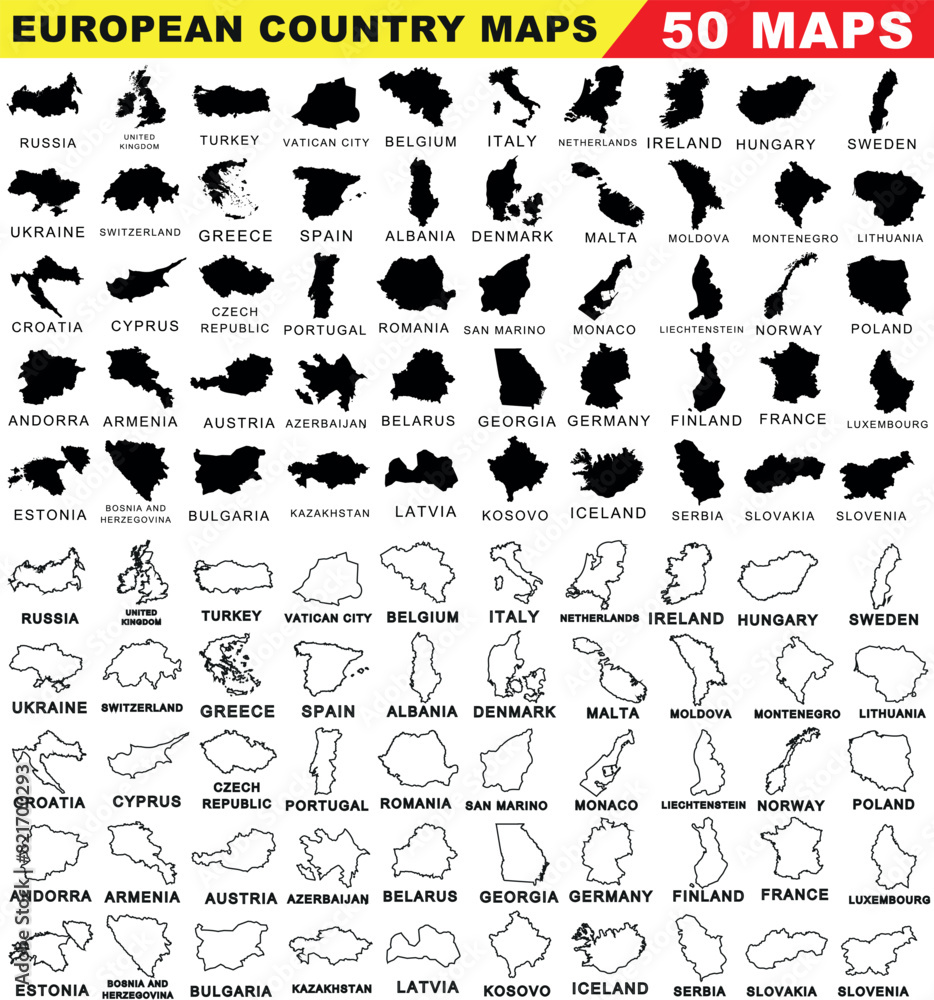 European Country Maps silhouette, 50 detailed map vector and map ...