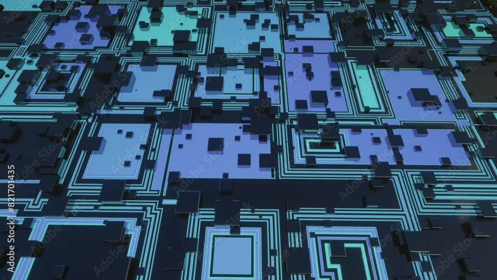 4k looped animation. Flight over hi tech pattern on plane surface, neon ...