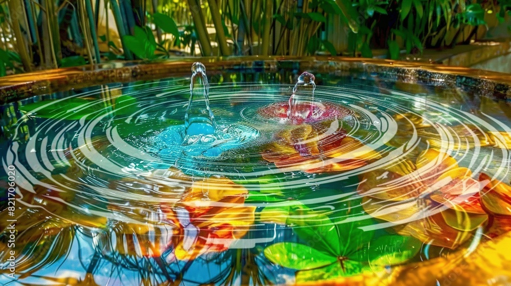 A vibrant pond brimming with water and various leaves floating atop its ...