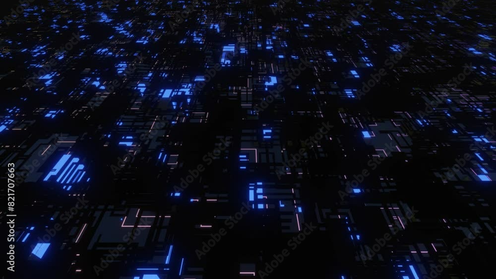 4k looped animation. Flight over hi tech pattern on plane surface, neon ...