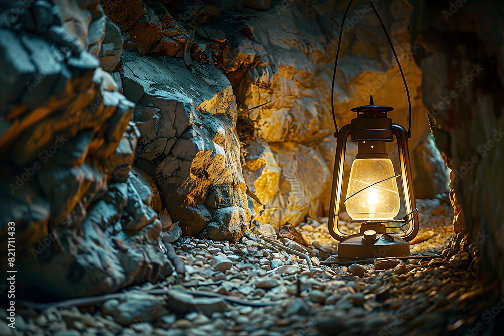An old-fashioned lantern emitting warm light is placed on the ground ...