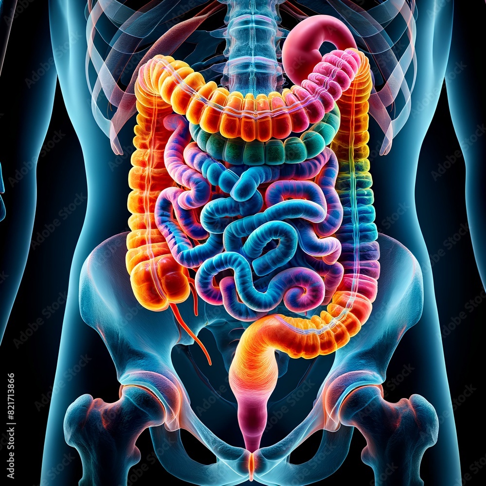 X-ray image showing the intestinal system, small and large intestines ...