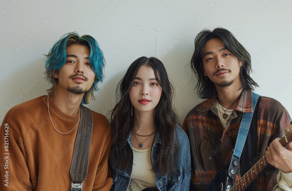 Group portrait of an asian band of four people, singer, guitarist ...