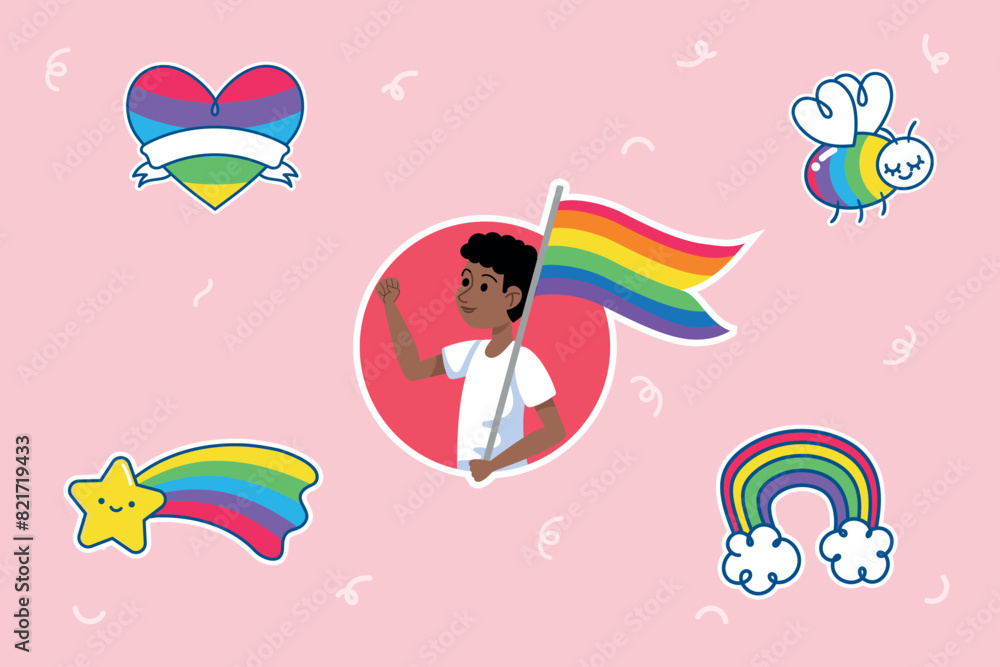 Pride Sticker Icons with Rainbow and Heart Designs and person holding a ...