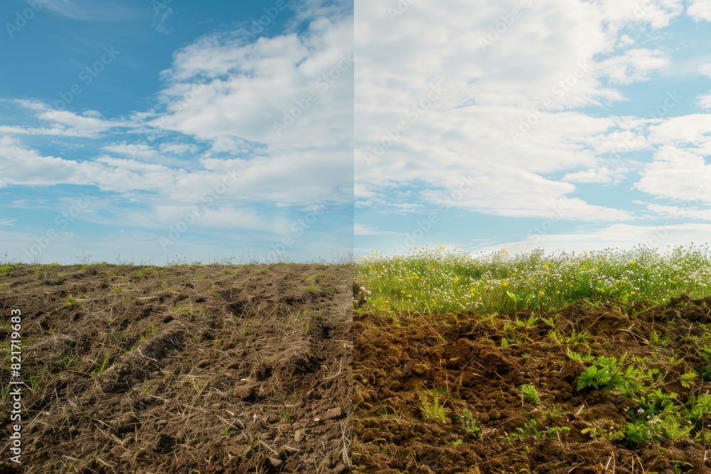 A field showing before and after effects of soil management, with one ...